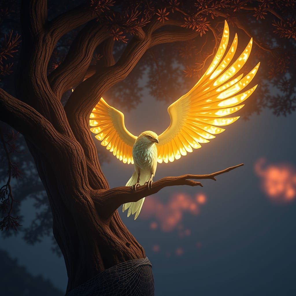glowing bird on a tree - Ethereal Bird Takes Flight Amidst V...