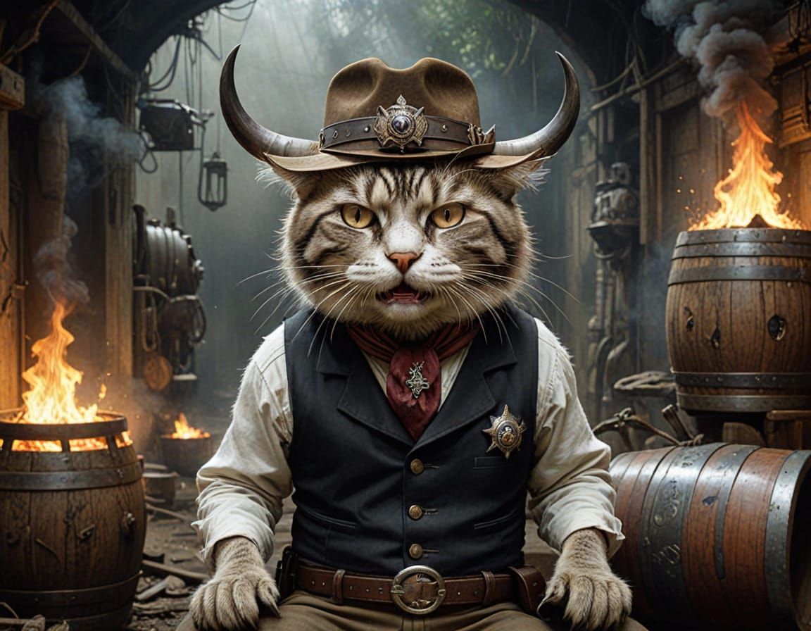 Cyberpunk Western Feline Hero in Oil Painting Styl... - AI Art
