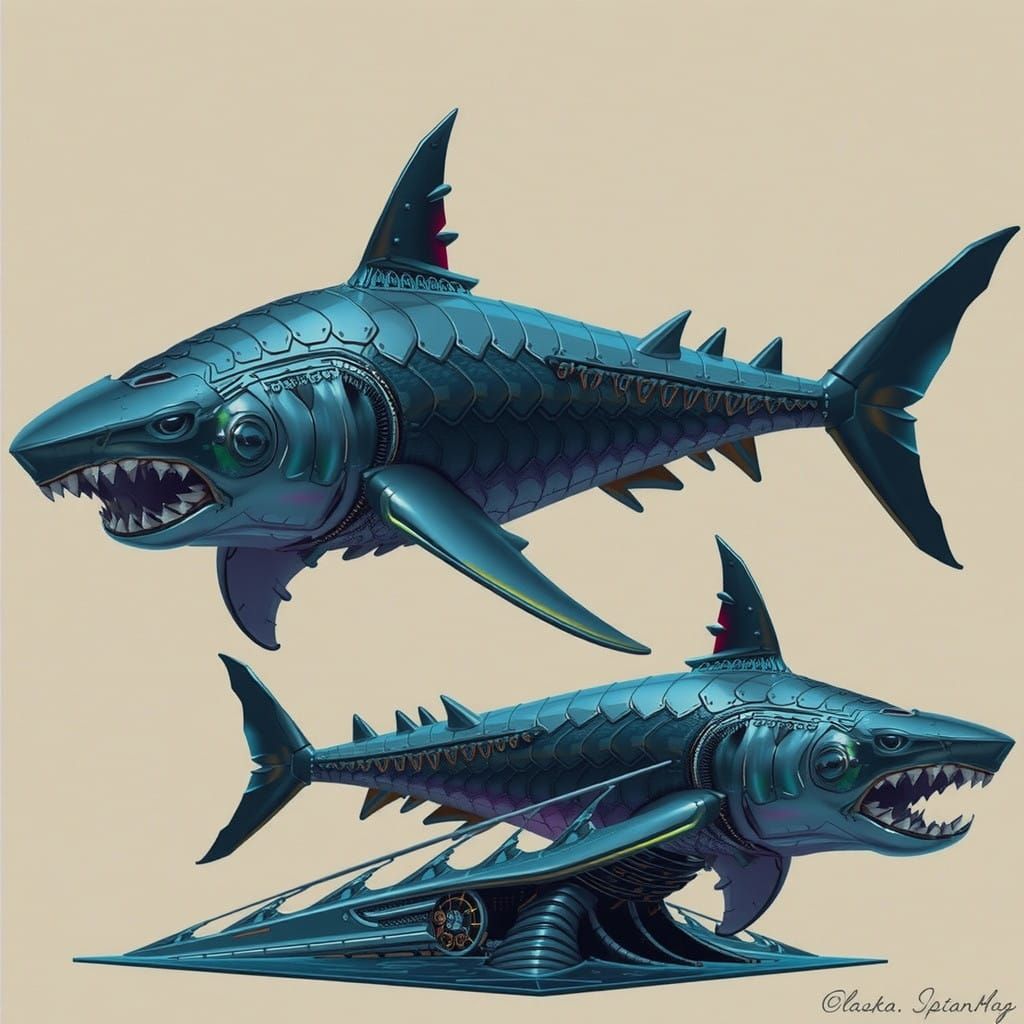 Glowing Shark-Like Alien with Iridescent Armor and... - AI Art