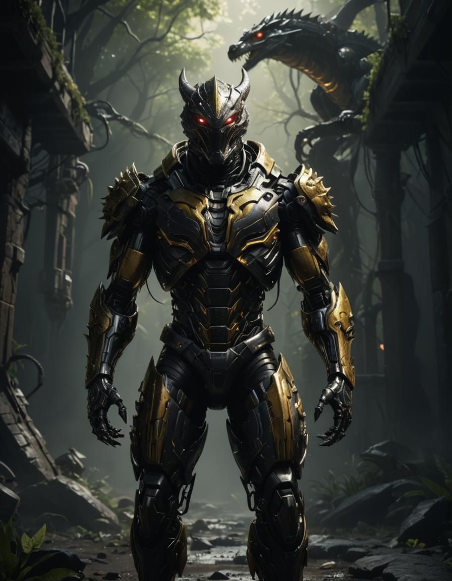 Cyberpunk Dragon Spawn in Black Chrome Armor - AI Art