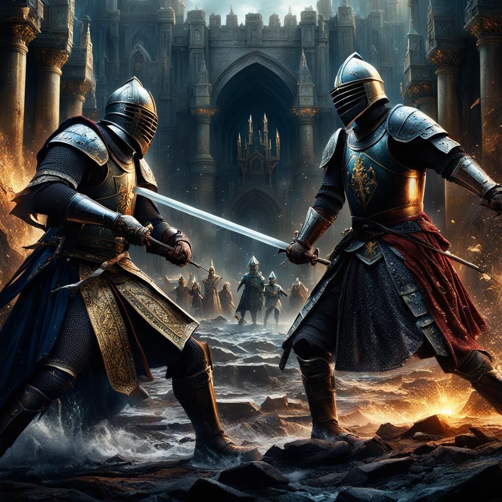 masterpiece two knights sword fighting detailed matte painting, deep ...