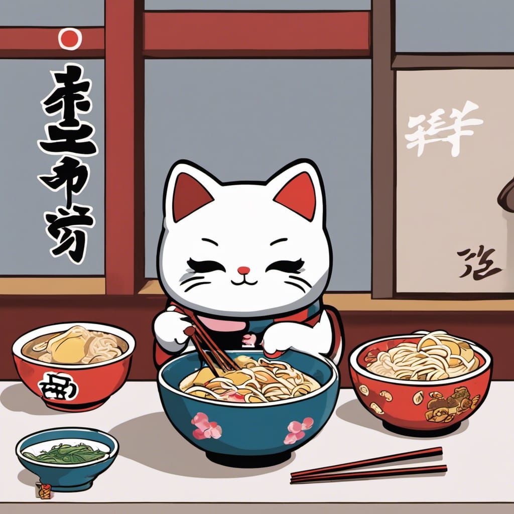 a cartoon maneki Neko eating a bowl of ramen - AI Generated Artwork - NightCafe Creator