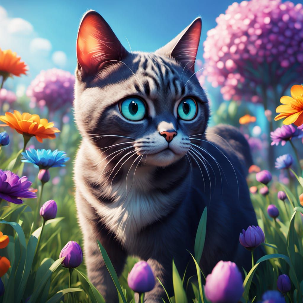 "A 3D cartoon character of a cheerful cat standing in a vibrant ...