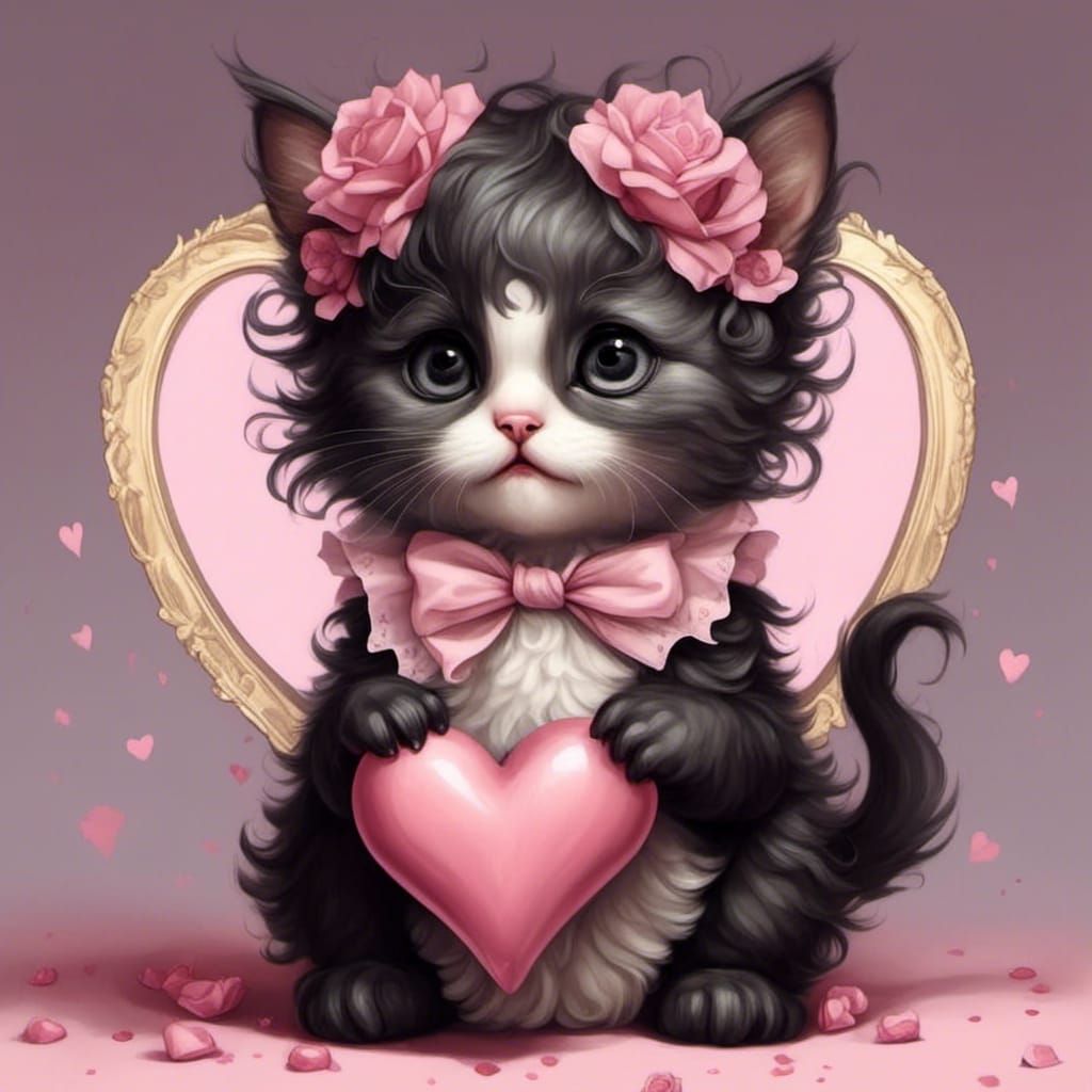 cutest kitten with pink bow on head holding heart - AI Generated ...