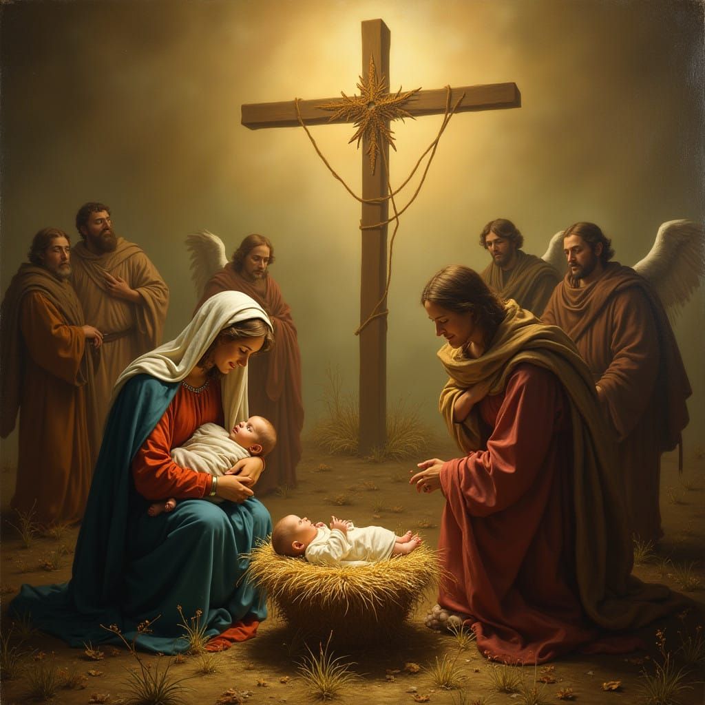 Nativity with Cross in background - Serene Nativity Scene in...