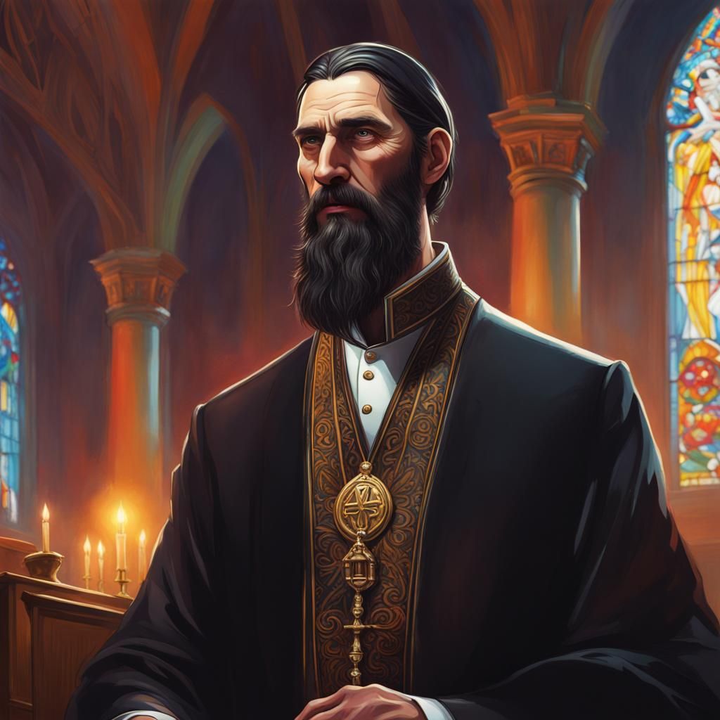 Rasputin as a well groomed priest, pnp character, short beard, black ...