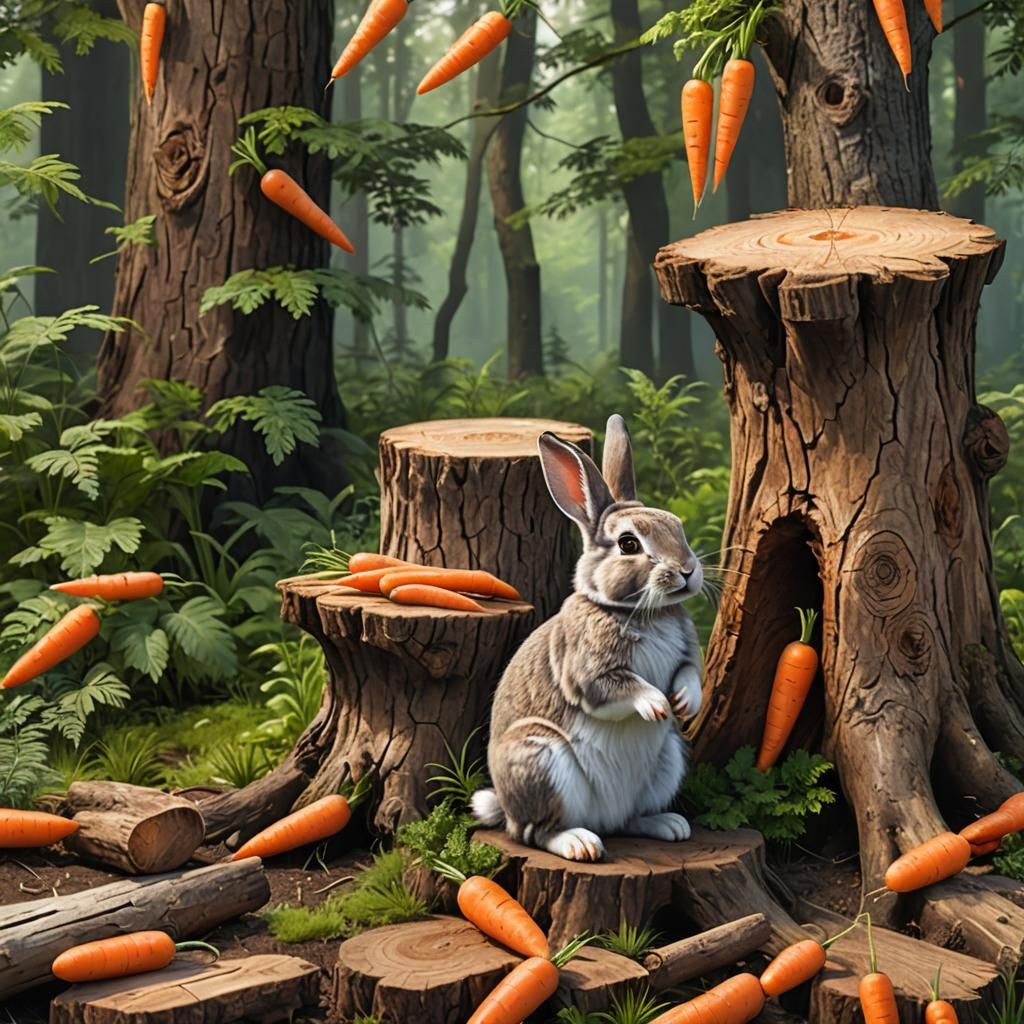 a cute rabbit eating carrots, sitting on a stump in a forest, realistic ...