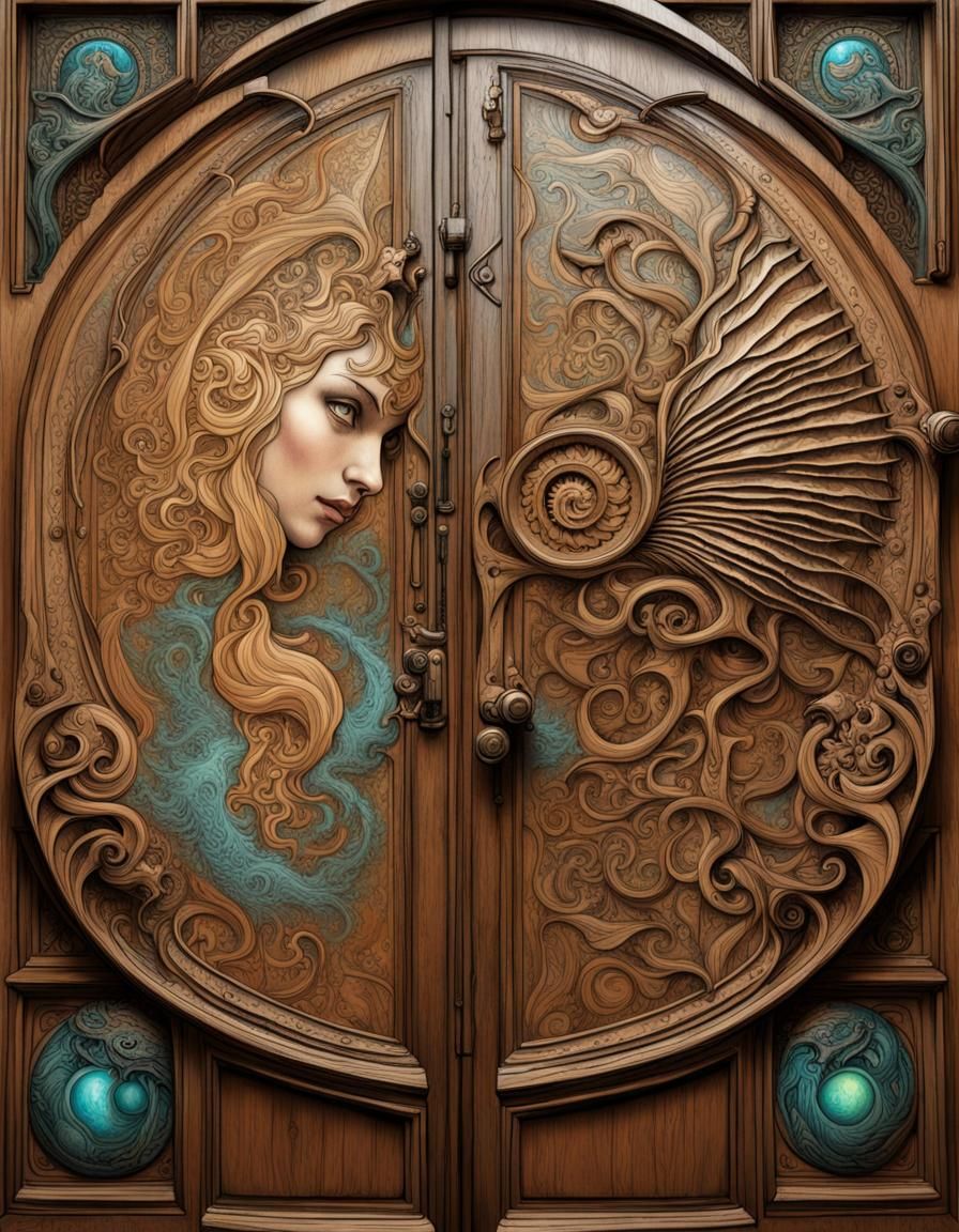 Wood Sculpture of Portal Doors - AI Generated Artwork - NightCafe Creator