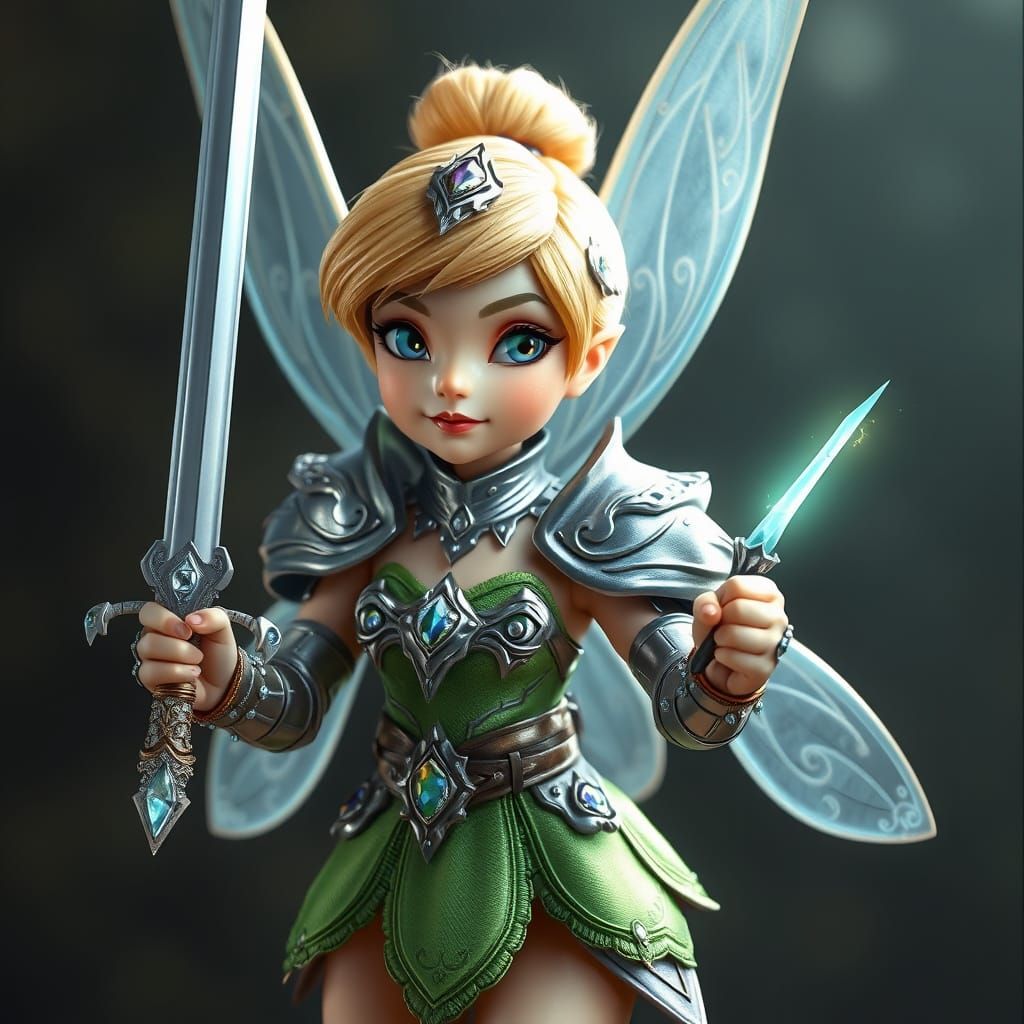 Tinkerbell is dressed for battle. she wears armor and carries a tiny sword