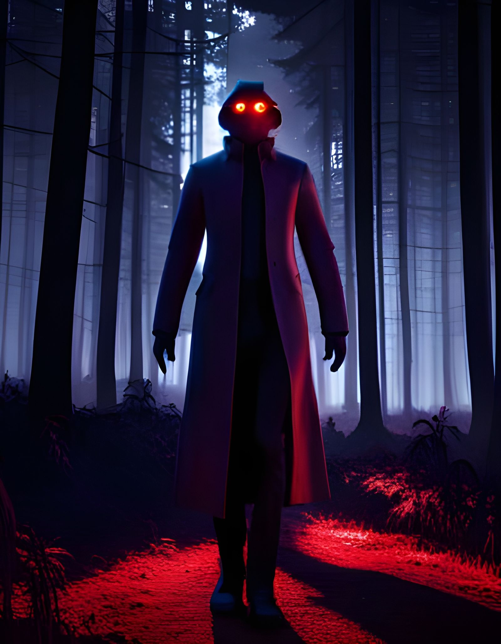 anthropomorphic shadow in a dark forest, fire eyes, dim purple light ...