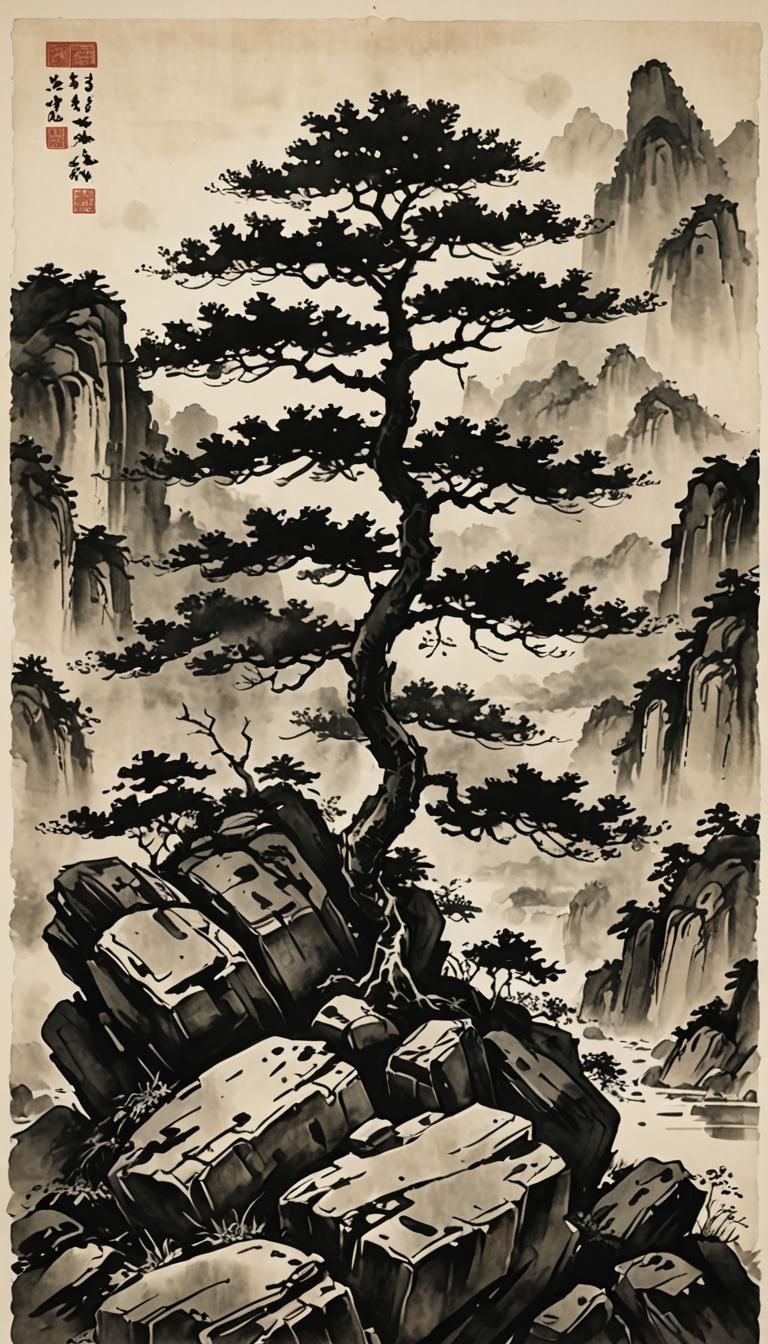 Chinese ink drawing of maple tree on a rock, high ominous mountain - AI ...