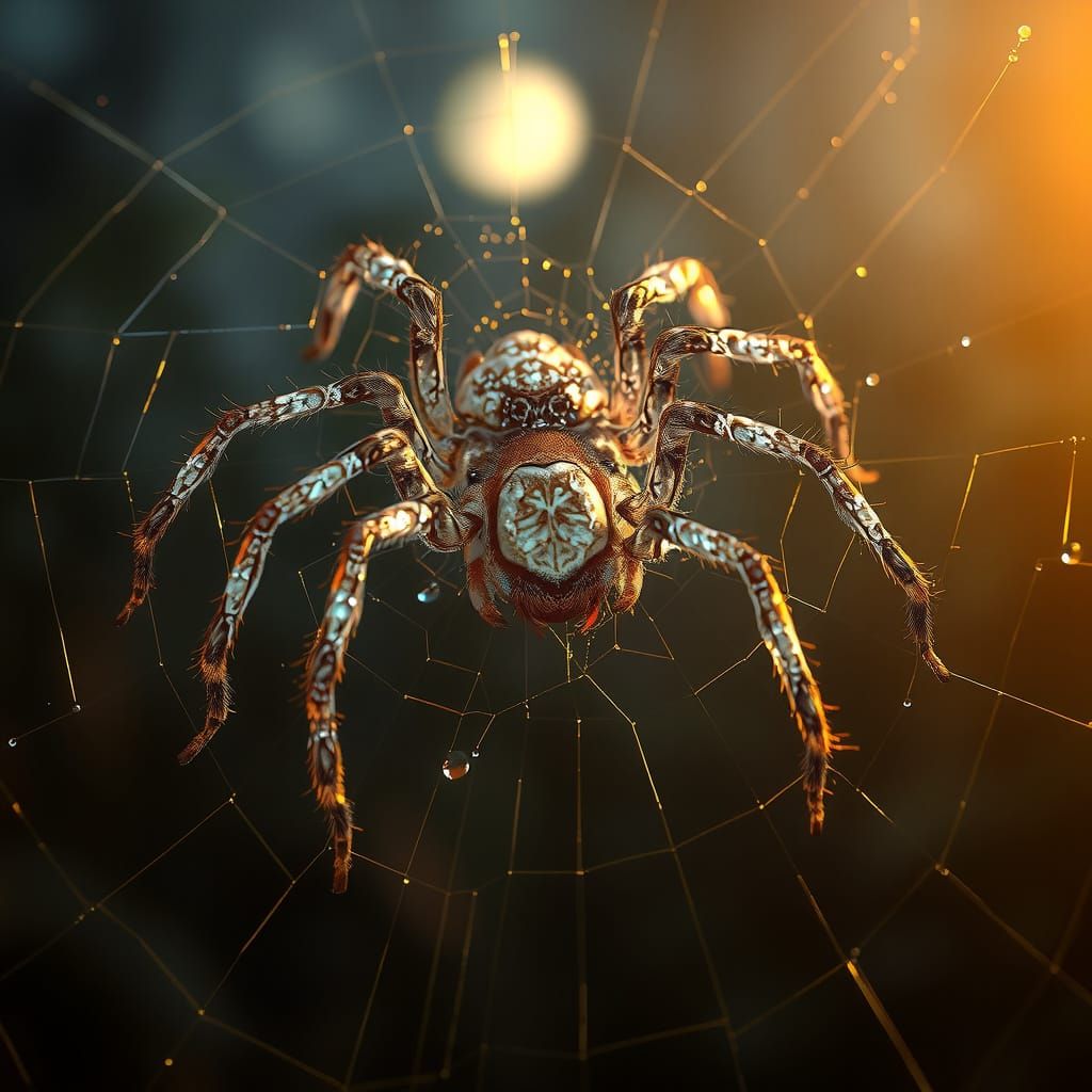 Crystal Tarantula Weaves Golden Web in Moonlit For... - AI Art