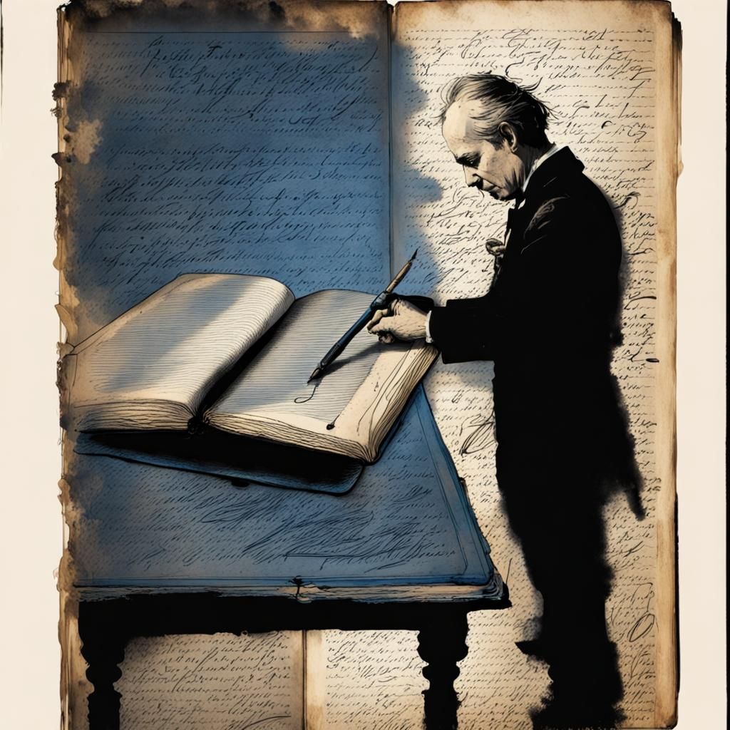 Cursive Writing in Black and blue ink in an antique dusty book on an ...