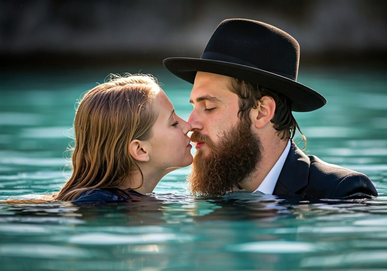 Ethereal Hasidic Couple Kisses in a Serene Pool - AI Art