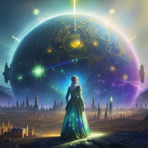 Solarpunk settlement. A woman in a sparkling gown made of starlight ...
