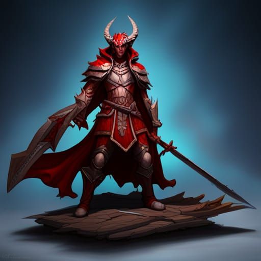 hooded red Tiefling paladin wearing banded mail standing on a dead ...