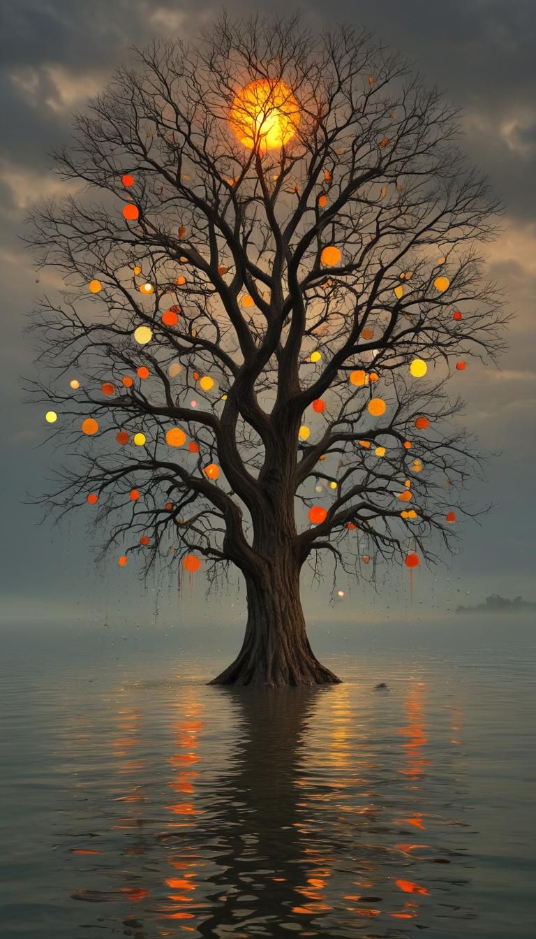 A tree stands in the middle of the water, there are ten suns, one sun ...