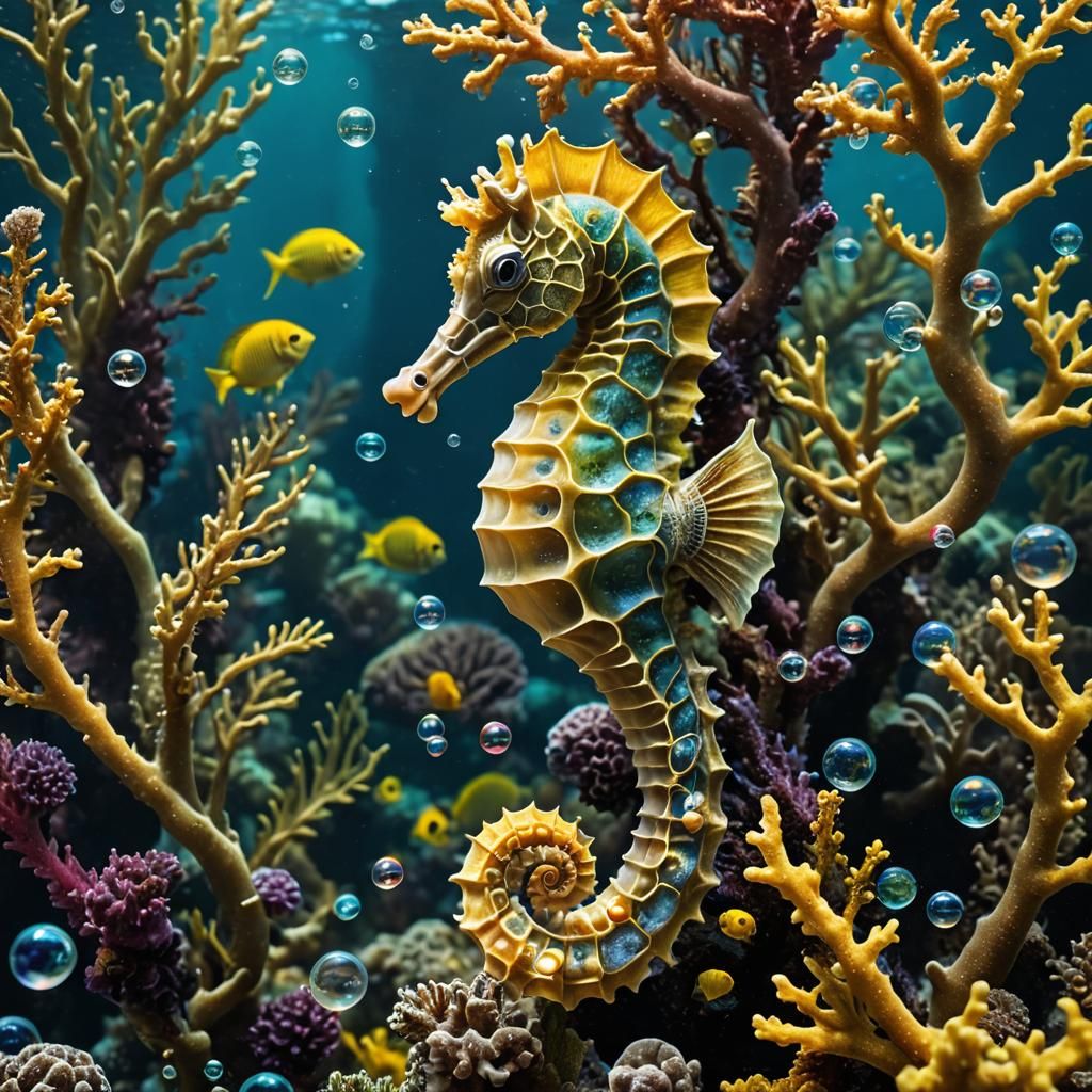 underwater, ocean life, seahorse, coral, fish, bubbles, yellow, blue ...