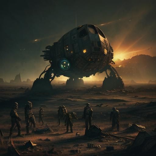 Settlers Stand Before a Wrecked Spaceship on a Hau... - AI Art