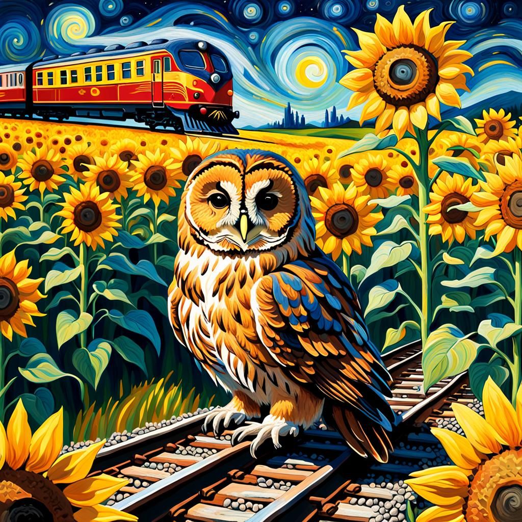 A contemplative tawny owl perched amidst a field of vivid sunflowers ...