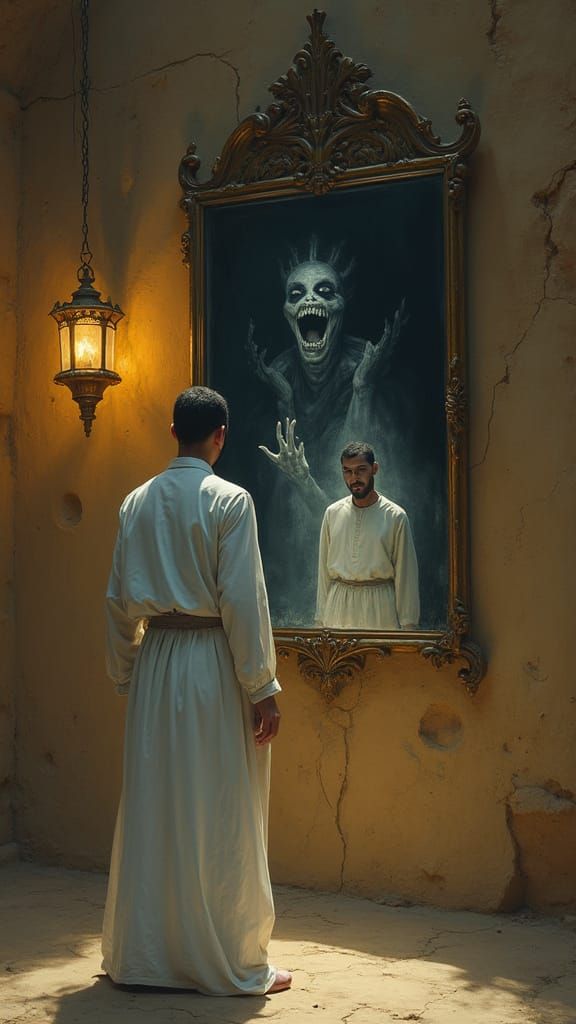 Young Yemeni Man Confronts Dark Presence in Dim Cl... - AI Art