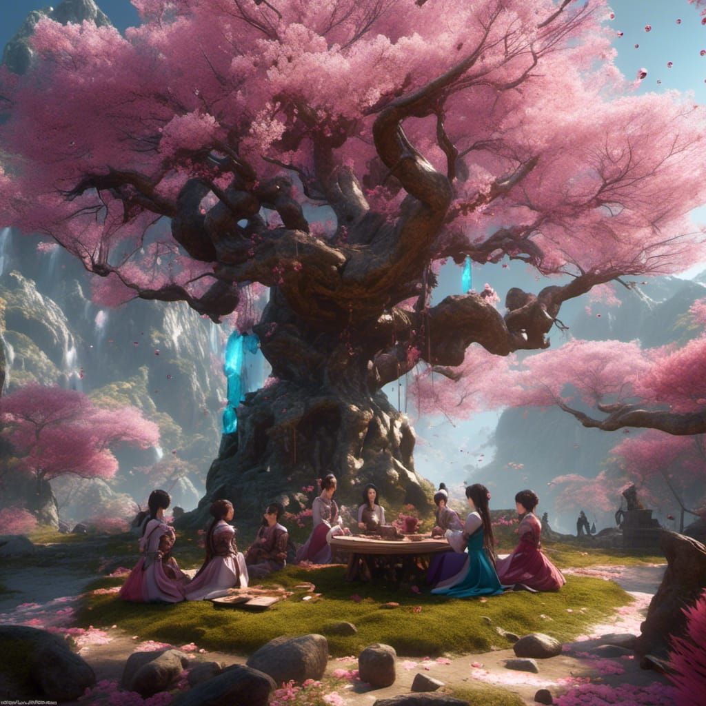 crystal maidens play dice under a sakura blossom tree - AI Generated ...