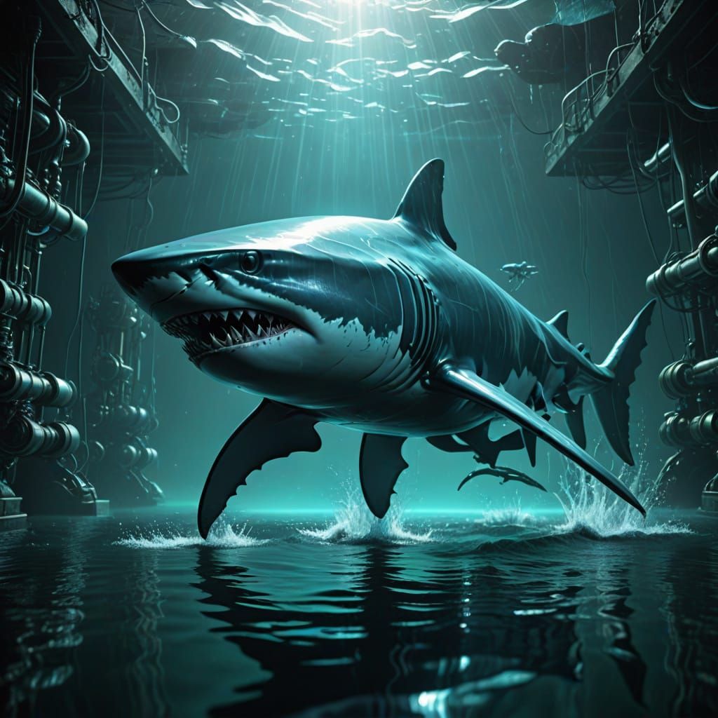 Sci-fi Underwater scene, a giant cyborg shark swimming towards a diver