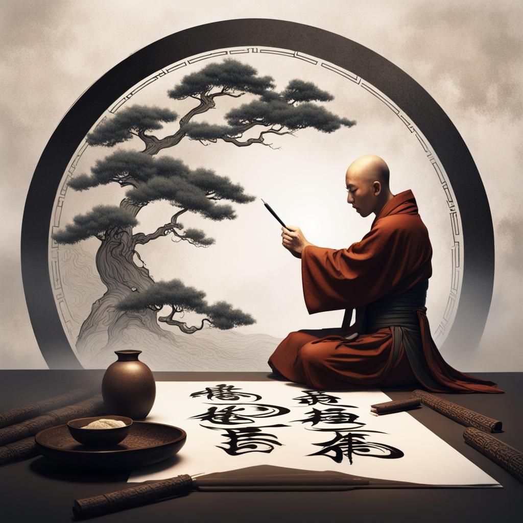 Monk writing the Yin yang sign - AI Generated Artwork - NightCafe Creator