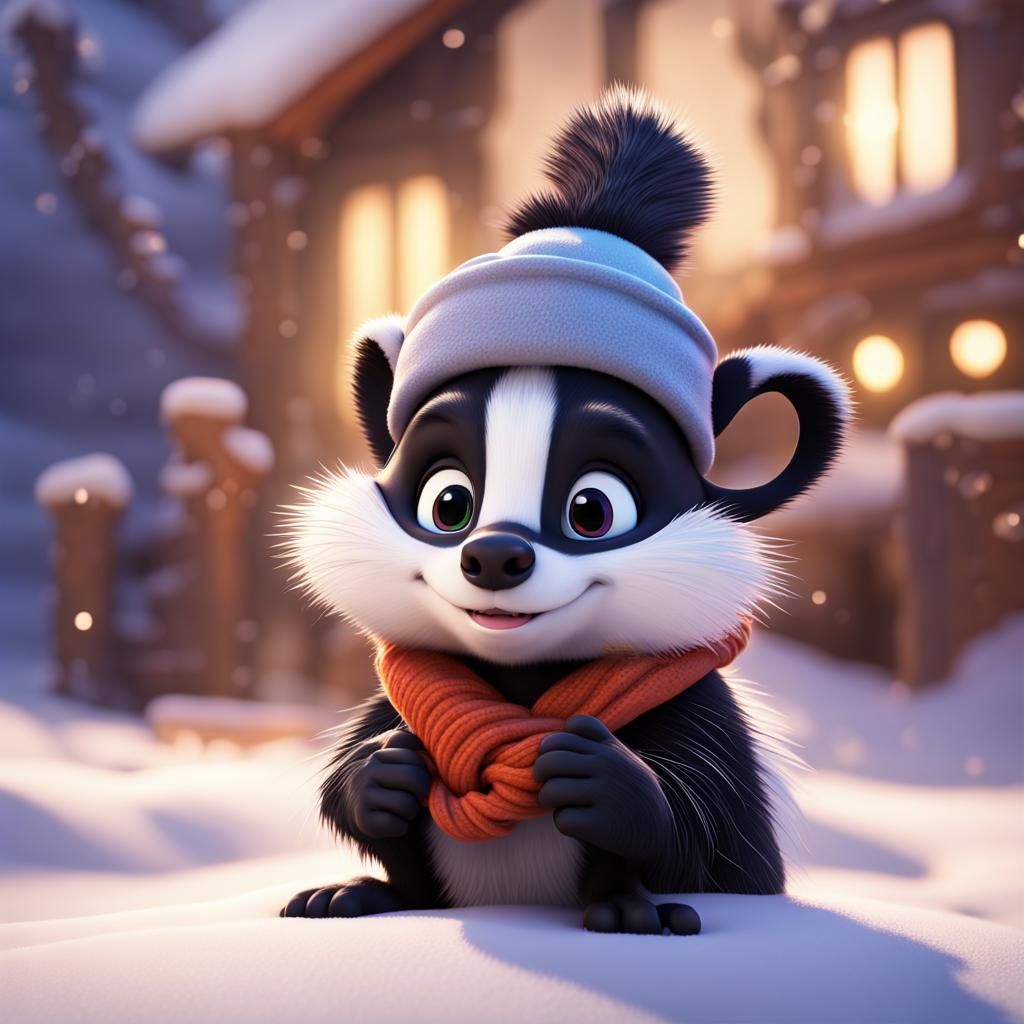 Cute disney skunk dressed in warm hat and scarf surrounded by snow - AI ...