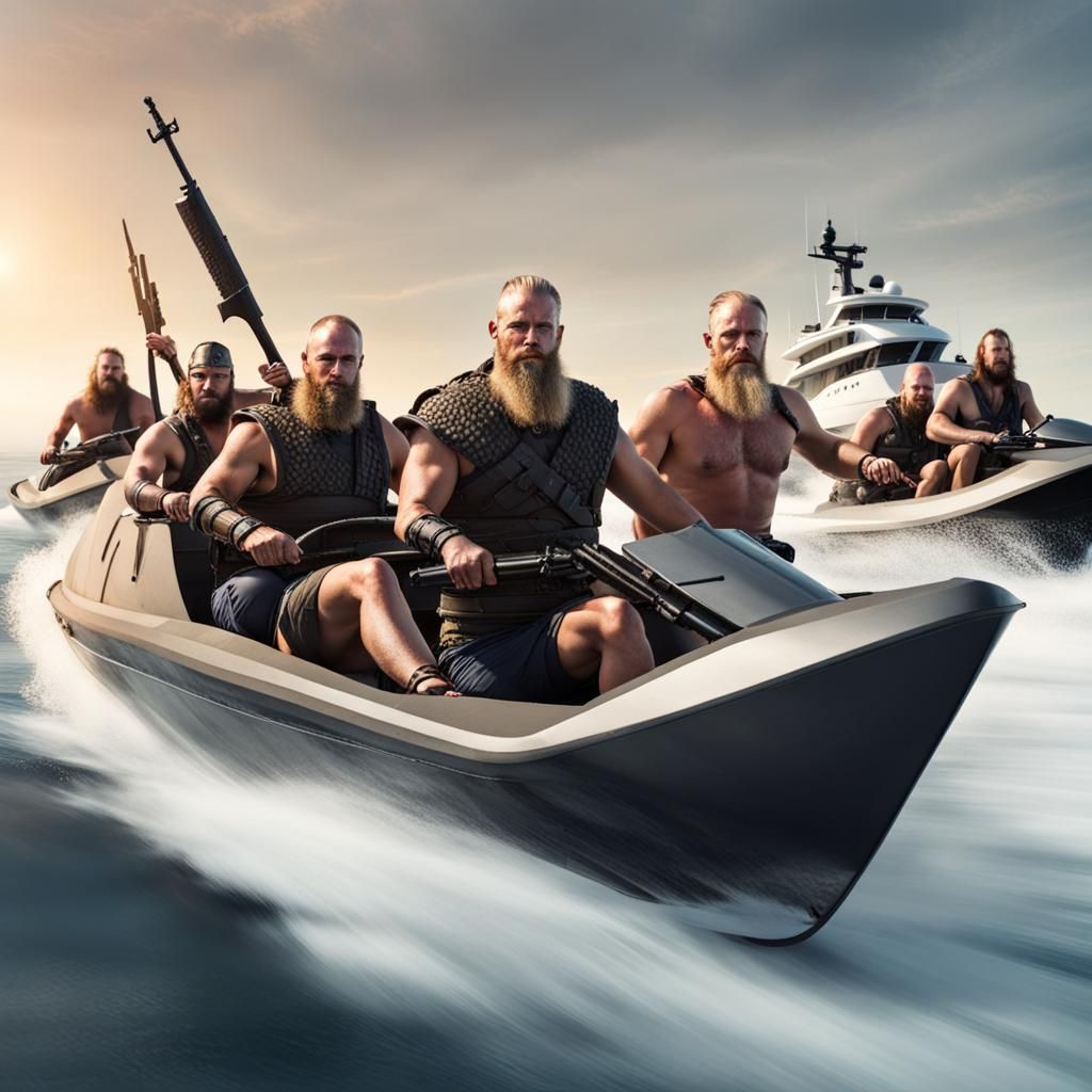 A group Vikings riding in modern speedboats and jet-skis - AI Generated ...