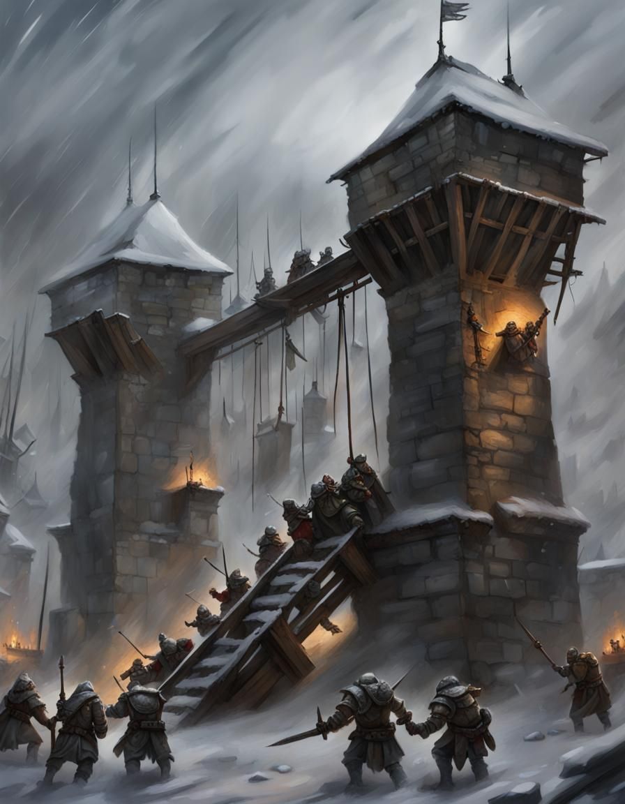 siege tower against city wall, orks and goblins attacking, human ...