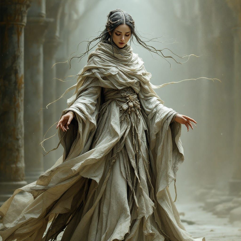 Ghibli-Style Dust Weaver in Flowing Veils - AI Art