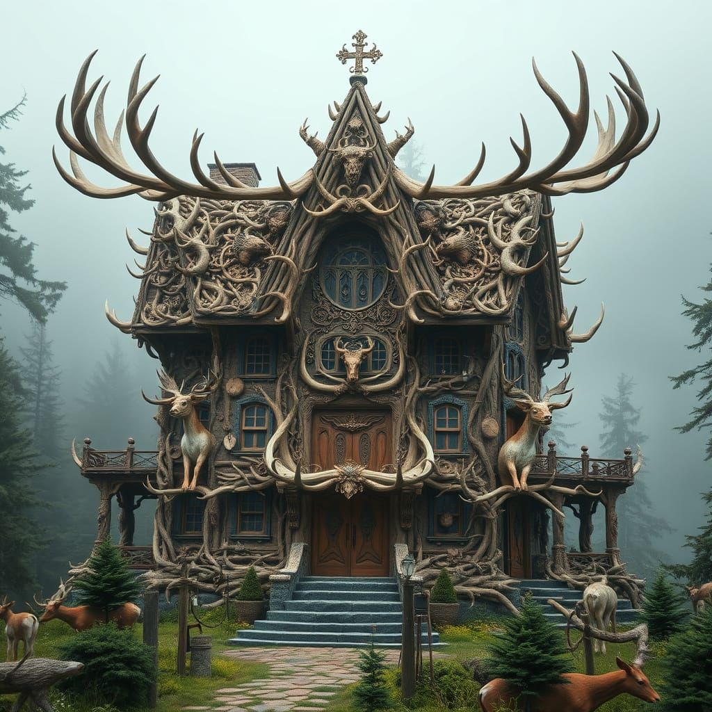 Majestic Antler House Amidst Lush Forest - AI Art