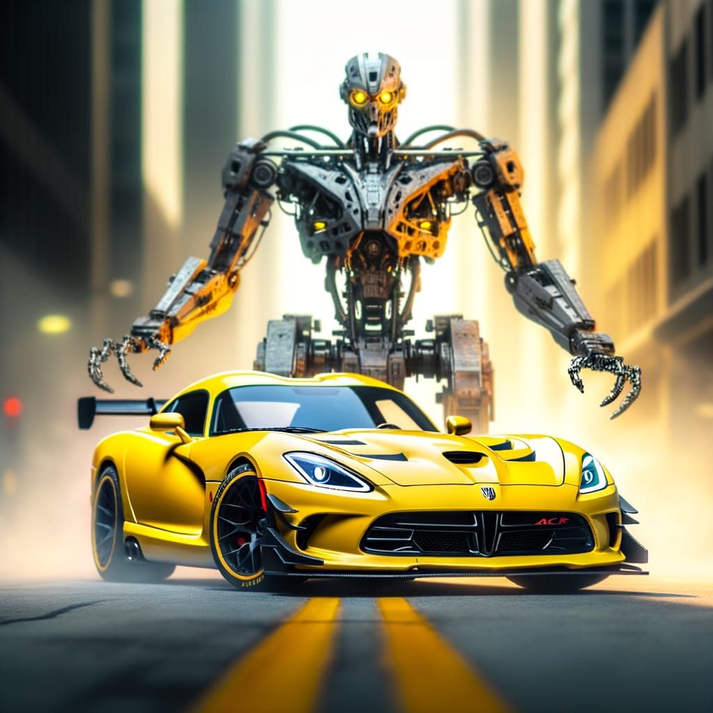 A Yellow Dodge Viper ACR transforms in a Robot known as Bumble Bee from ...