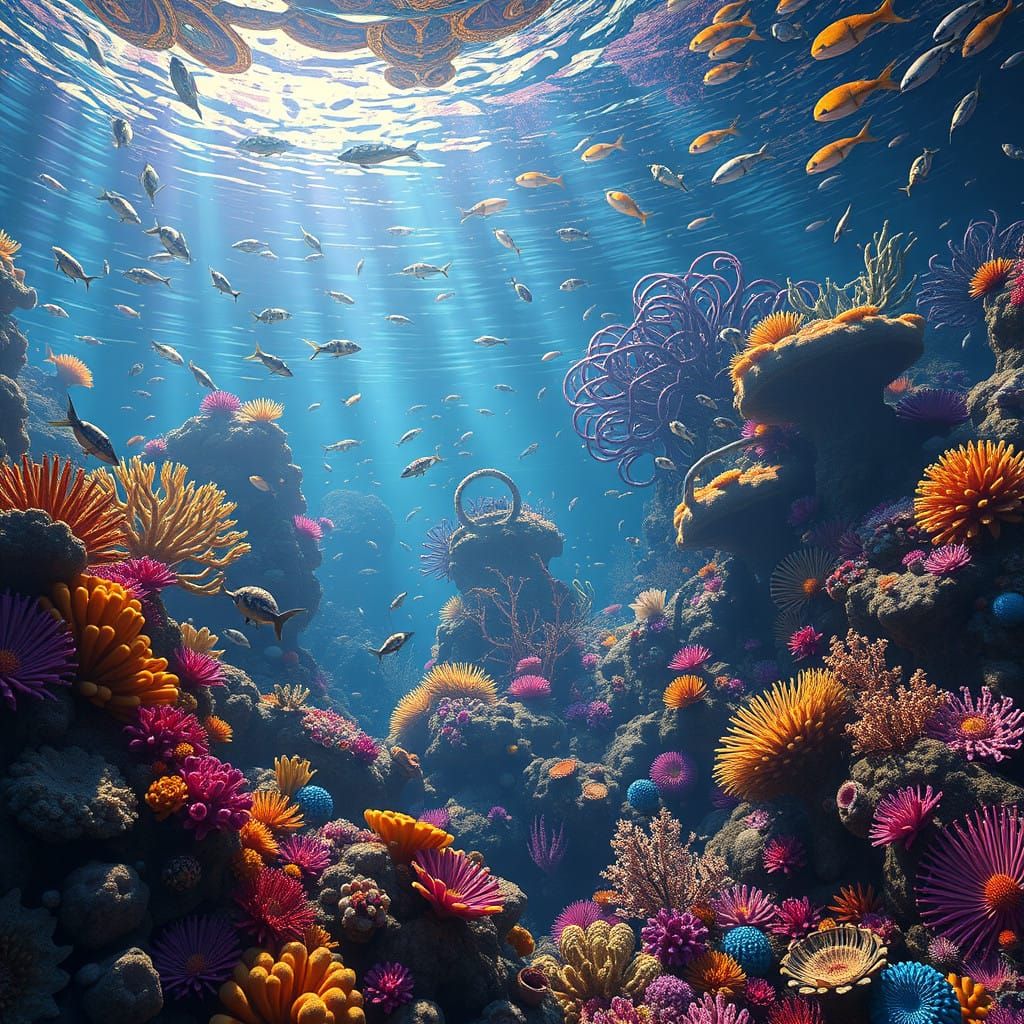 "Cambrian Reef Symphony: An Underwater Kaleidoscope"