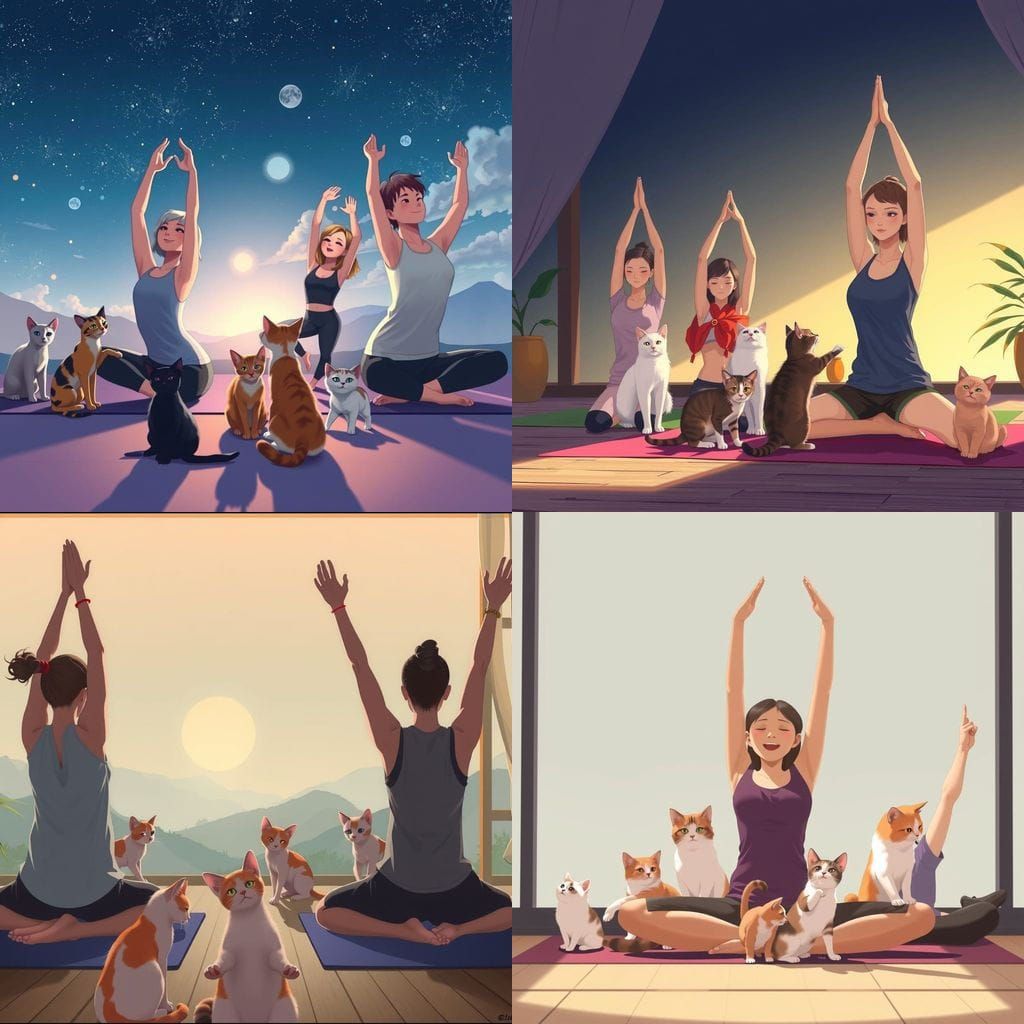 Manga-Inspired Scene of People and Cats in Perfect... - AI Art