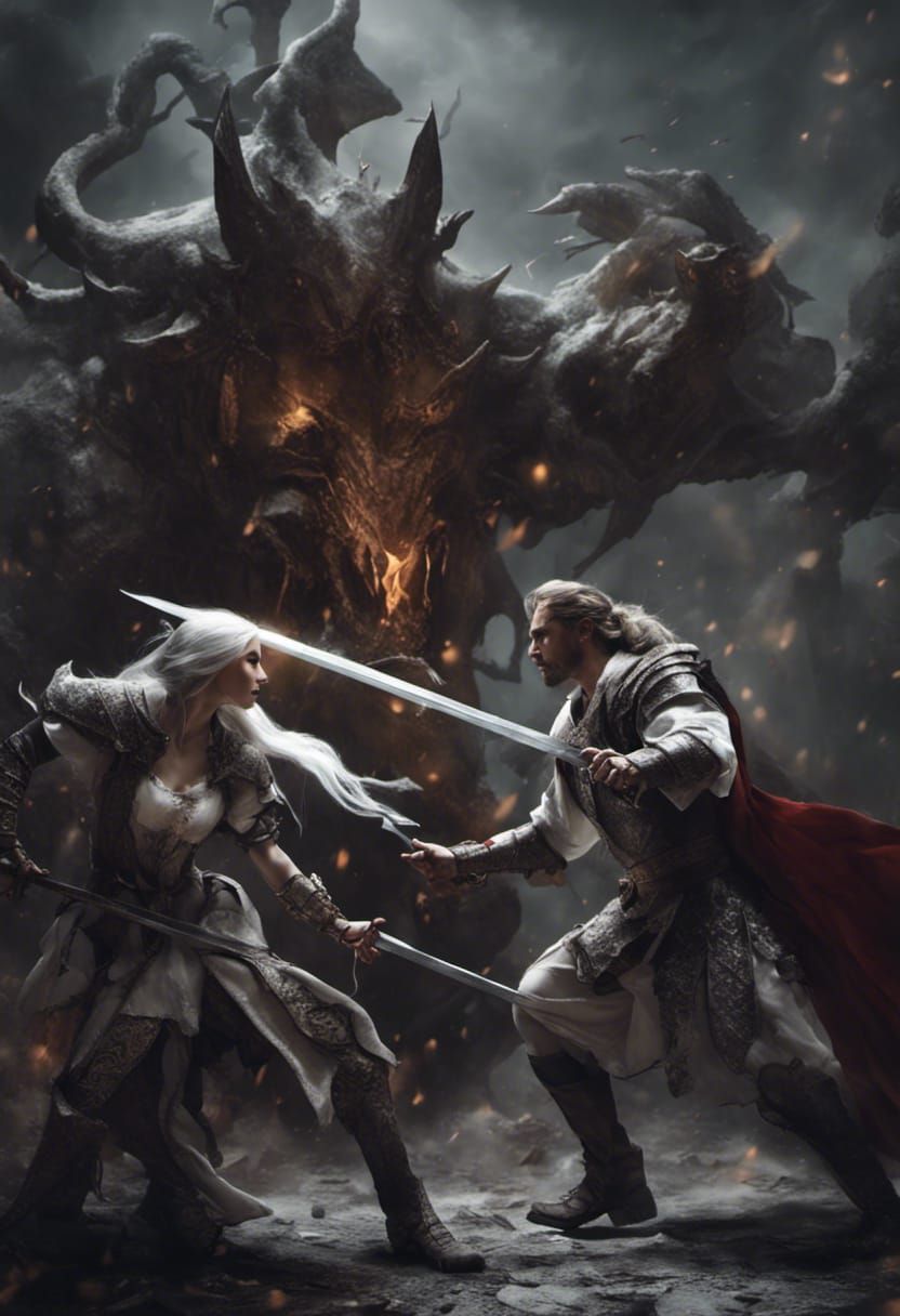 Medieval, Powerful male warrior, with a beautiful elf maid wearing ...