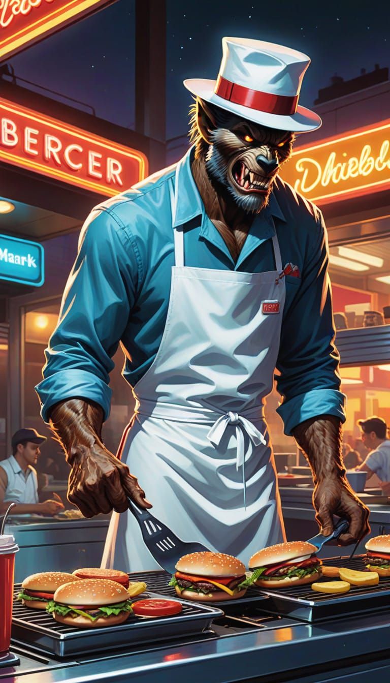 Werewolf Short Order Cook in Neon Diner - AI Art
