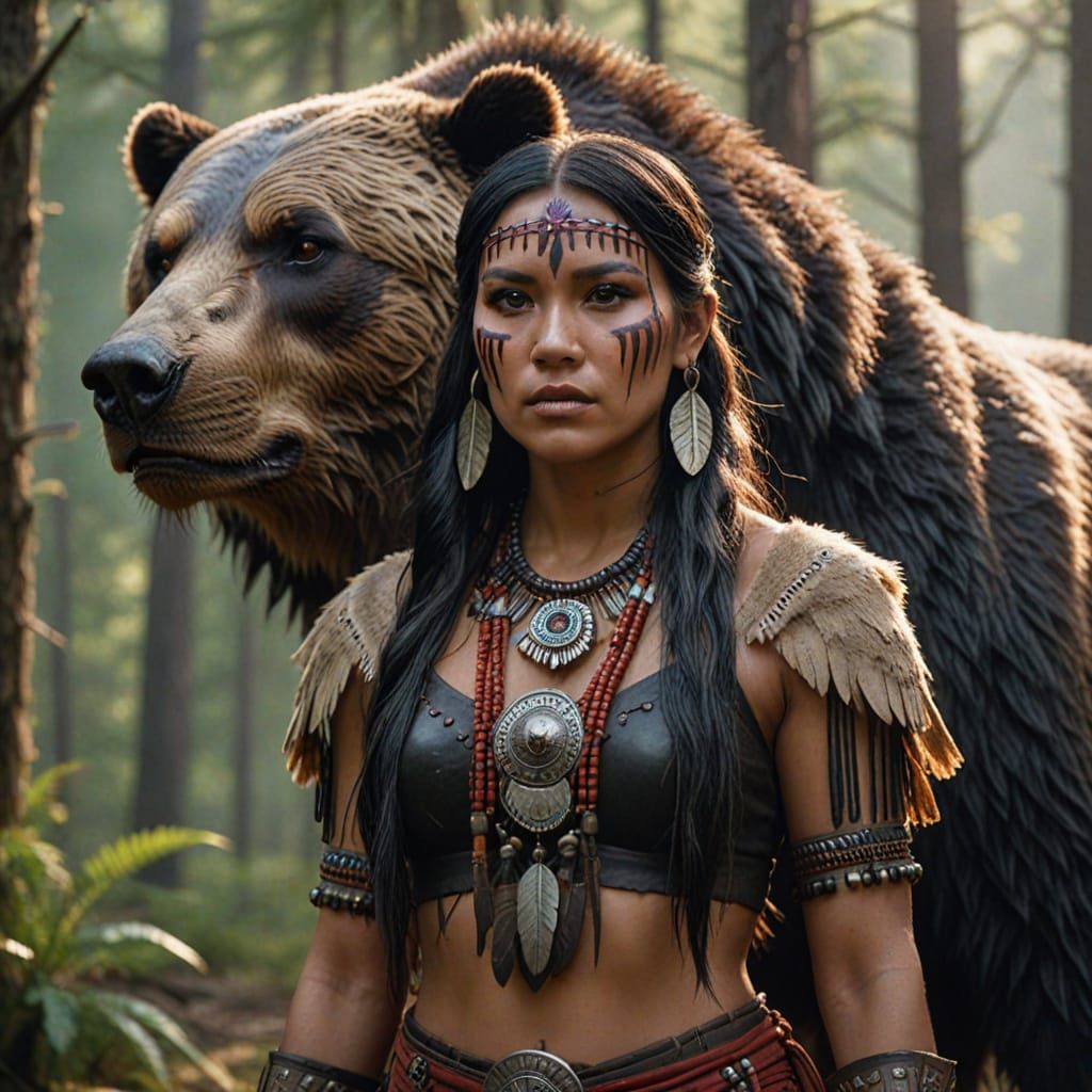 Realistic Native American Woman Walks Beside Majes... - AI Art