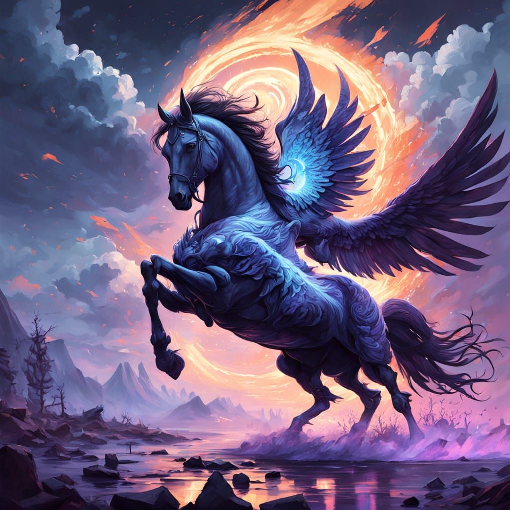 Winged ThunderCloud Horse - Majestic Dark Fantasy Pegasus So...
