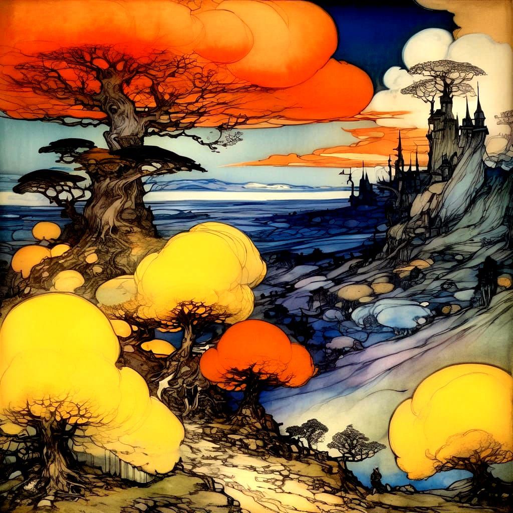 Fantastical landscape, intense color, by Arthur Rackham