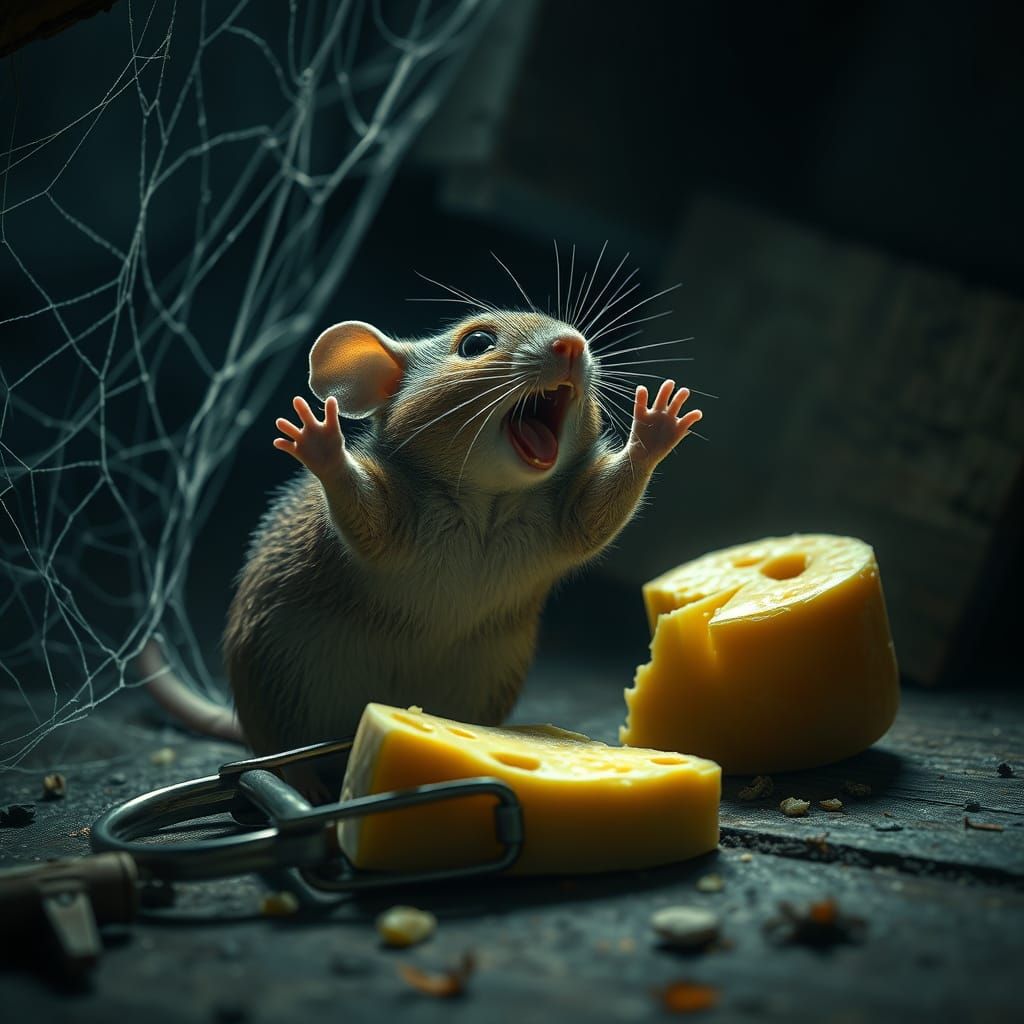 Mouse Triumphantly Devours Cheese from Defeated Tr... - AI Art
