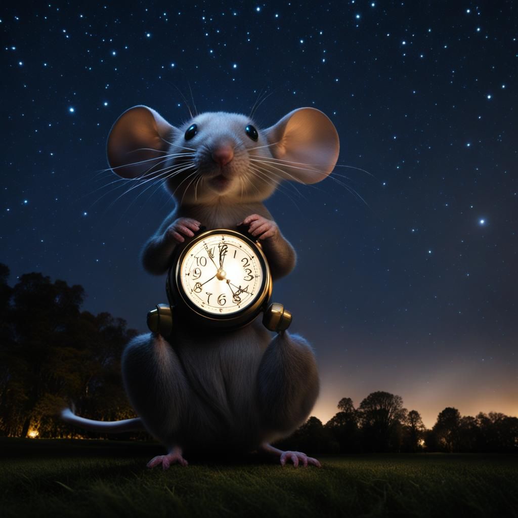 Photograph, hyperrealistic, a Large Mouse holding a LED digital clock ...