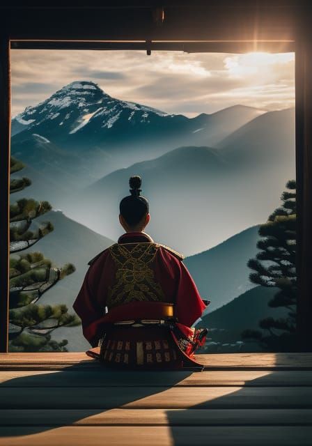 Samurai sitting on a roof looking down at the mountains below ...