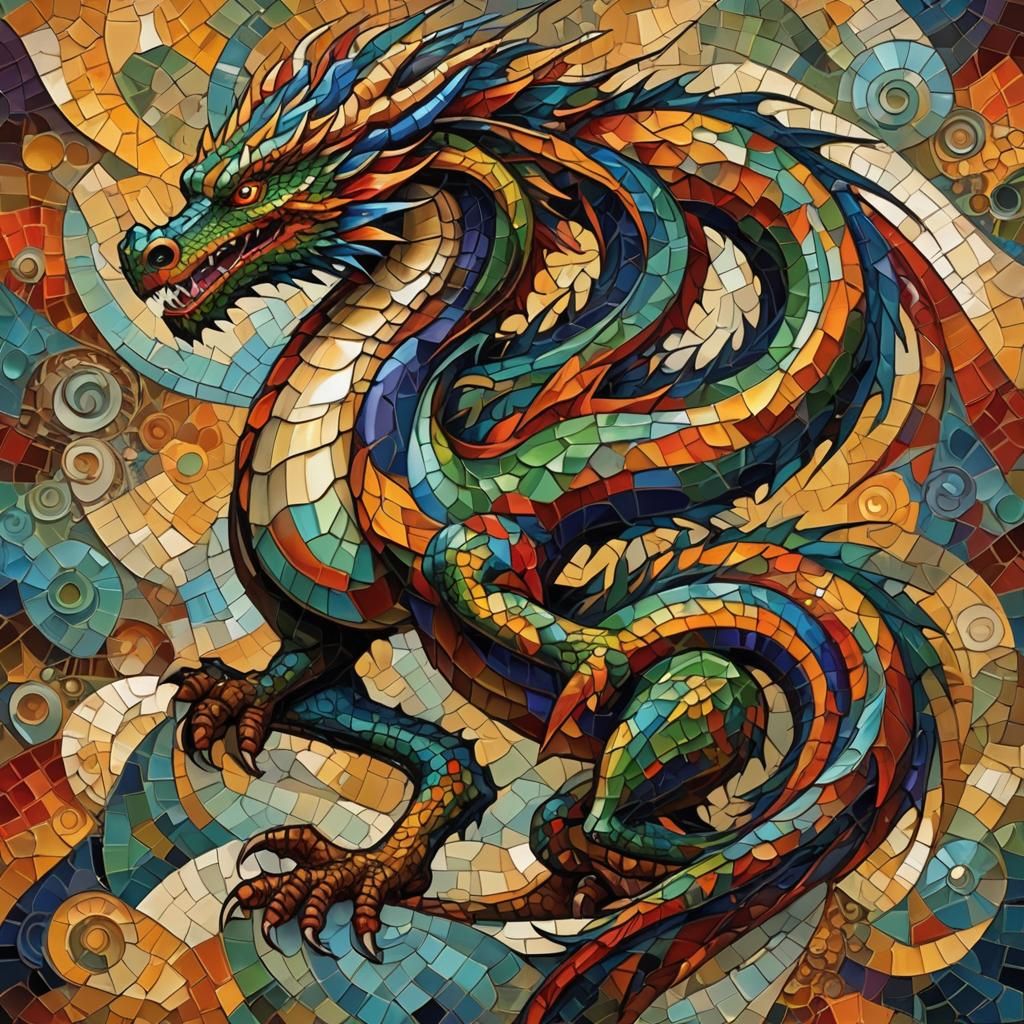 Dragon. Beautiful rustic mosaic patchwork, abstract, surreal, sharp ...
