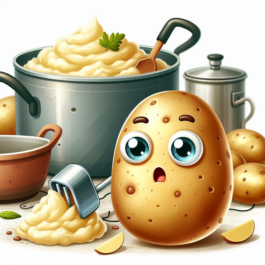 googly-eyed potato sees how mashed potatoes are made. He is shocked as ...