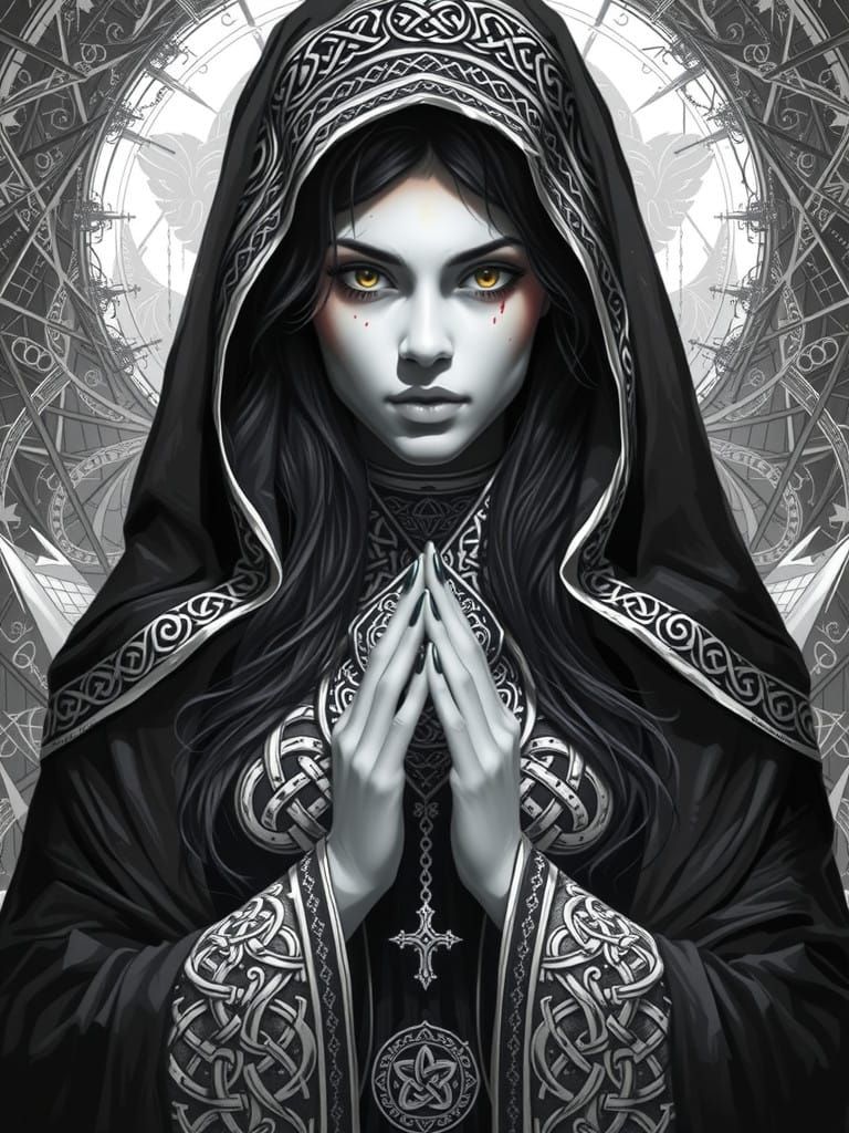 Grimdark, Chiaroscuro, female character concept, a terrifying and ...