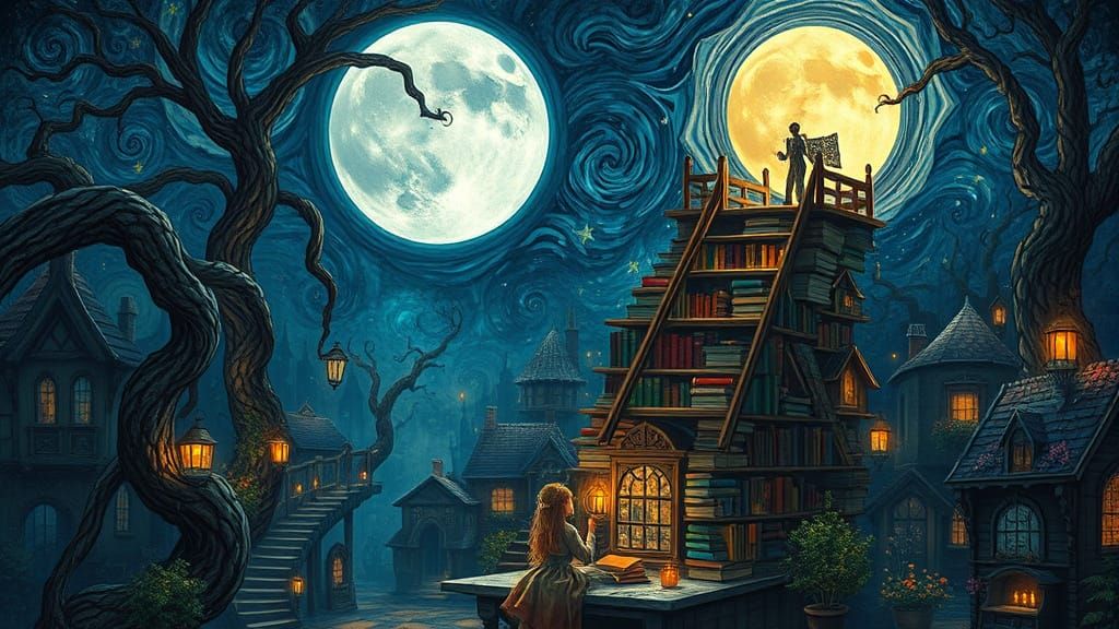 Surreal Fantasy Bookstore Hidden Within a Luminous... - AI Art