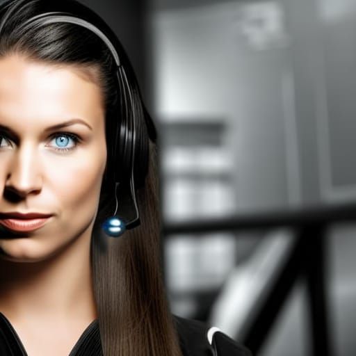 An attractive female programmer ,bright blue eyes ,black and white ...