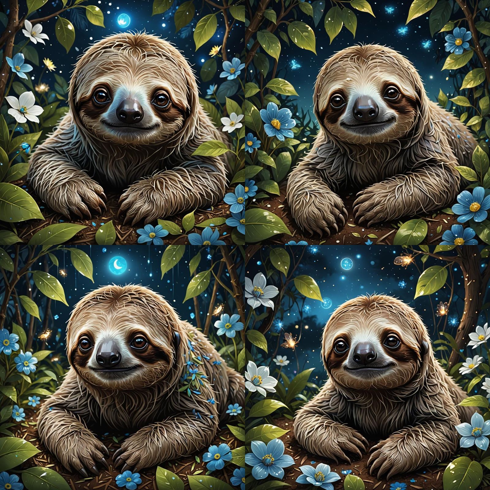 Nighttime Marvel: Blue-Eyed Sloth and Fireflies! - AI Generated Artwork ...